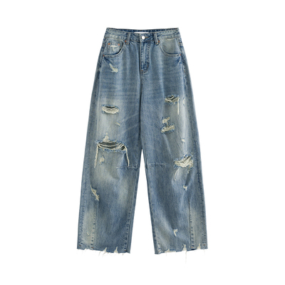 MOERSHOP 时髦精投票王 复古破洞牛仔阔腿裤女春季水洗磨破拖地裤
