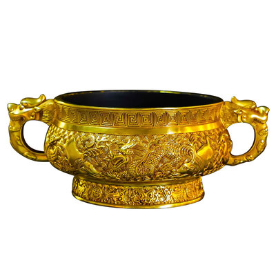 藏村全鎏金雕花龙耳炉办公室茶室沉香檀香盘香熏香炉桌面摆件