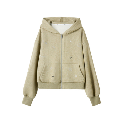 Uena浅绿色落肩长袖烫钻连帽卫衣