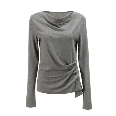 女士长袖修身荡领针织T恤上衣