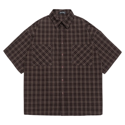 GOGOSOON夏季新款格纹短袖衬衫140g男生复古潮牌百搭宽松上衣外套