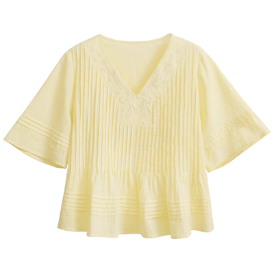 花吉柠檬黄v领刺绣风琴褶娃娃衫