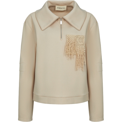 宝姿PORTSPURE女装2026早春新品定制钩针流苏半拉链大翻领卫衣