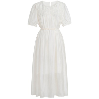 XG/雪歌XK204818A851白色短袖连衣裙 时尚夏季新款压褶A字裙女装