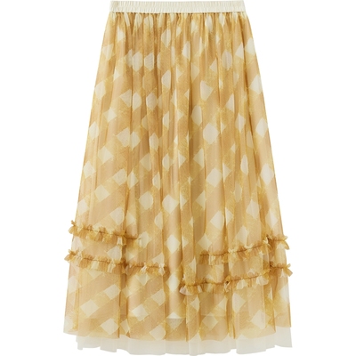 播商场同款格子印花网纱半身裙女25早秋新品温柔长裙BDS3BD4811