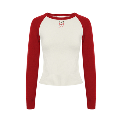 羊毛混纺撞色十字绣插肩袖打底衫