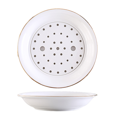 描金陶瓷饺子盘带沥水家用创意菜盘蒸盘大号圆形水饺盘托盘带格