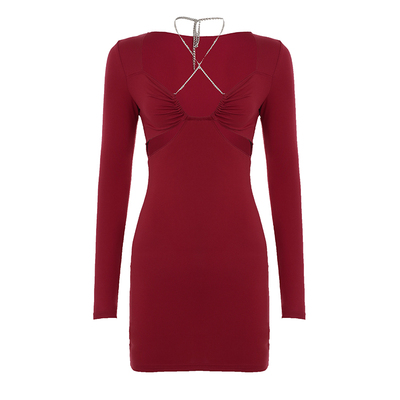 欧美辣妹金属链条胸型镂空连衣裙