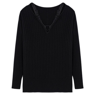 【多元蕾丝】HPLY荷比俪2025冬新款绵羊毛混纺V领蕾丝拼接羊毛衫