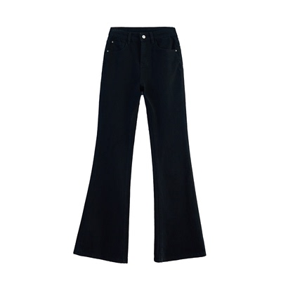 修身不贴腿~高弹力喇叭牛仔裤女高腰显瘦纯黑色翻盖提臀微喇长裤