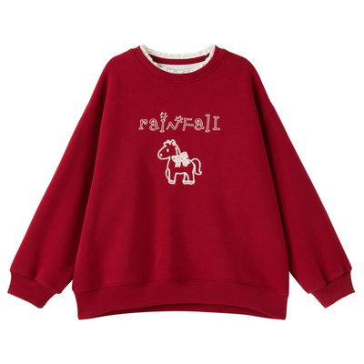 蕾丝花边领红色小马刺绣加绒卫衣