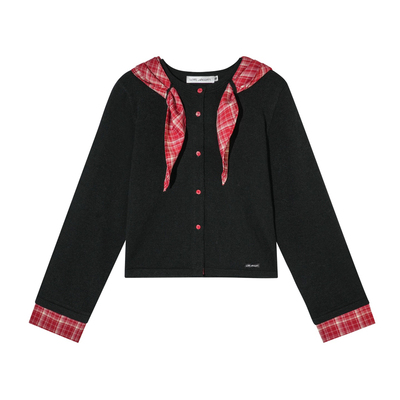 AsGony针织衫拼接格纹绑带兔耳朵