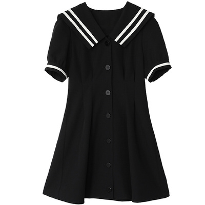 黑色学院风短袖海军连衣裙女夏