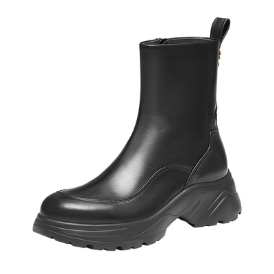 真美诗牛皮运动风厚底瘦瘦靴