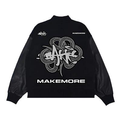 Makemore秋冬刺绣拼皮夹克棒球服