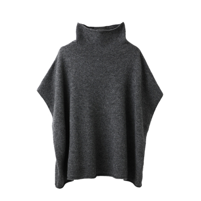 牦牛绒羊毛堆堆领灰色斗篷式毛衣