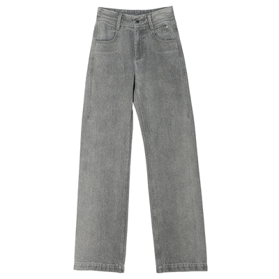 Carolingian意式極简！重工洗水长绒棉复古灰直筒显瘦长腿牛仔裤