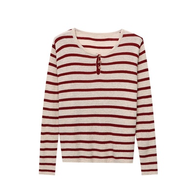早春法式撞色条纹半开领针织衫