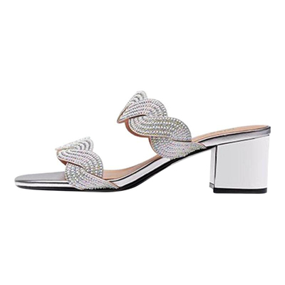 接吻猫水钻方头粗高跟凉鞋