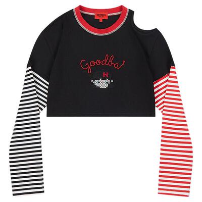 GOODBAI GOODEES串珠绣花logo露肩短款拼接长袖T恤
