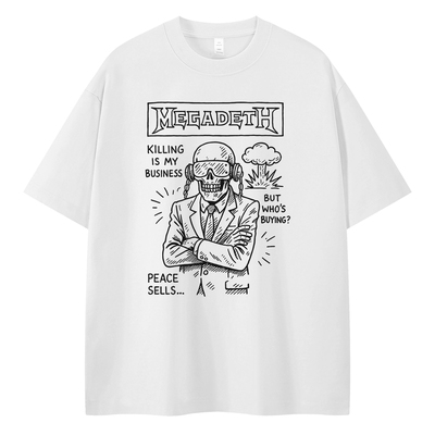 Megadeth乐队美式骷髅简约暗黑休闲落肩宽松纯棉圆领摇滚短袖T恤