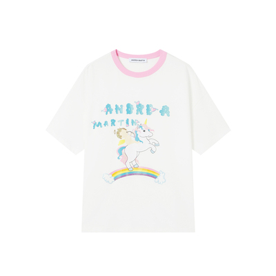 ANDREA MARTIN2026夏季新款白色彩虹独角兽字母印花女圆领短袖T恤