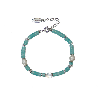 飒米蓝水晶珍珠白水晶高级清冷串珠手链女铜镀白金保色延长链