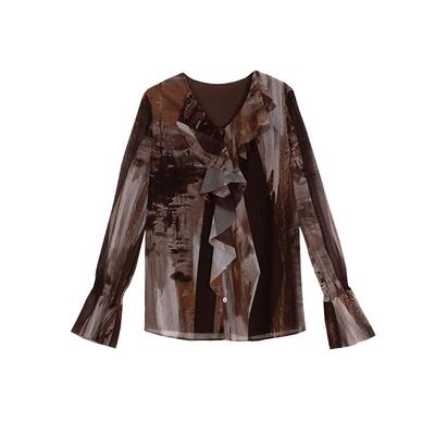 荷叶边哦拼接印花墨蒂珂雪纺衫