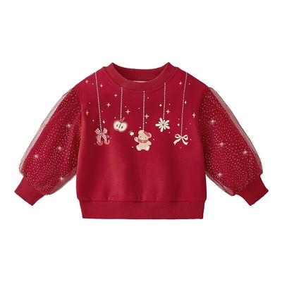 [新年款]女童红色加绒卫衣中童圆领上衣宝宝秋冬套头儿童保暖衣服