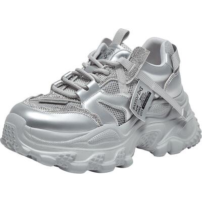 百思图夏商场新款舒适网面透气银色老爹鞋厚底女休闲鞋B2155BM5