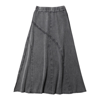 TANG TOWN自制水洗做旧废土风复古解构不对称松紧腰毛边A字长半裙