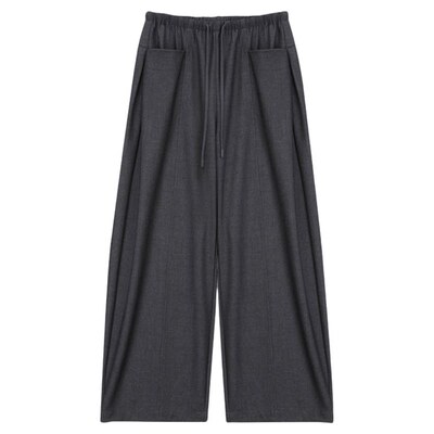 灰色莱赛尔羊毛西装阔腿裤女早春高腰休闲抽绳弯刀裤酷飒风直筒裤