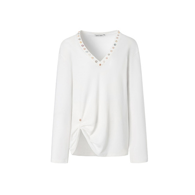 呼吸感针织贝壳扣V领显瘦T恤