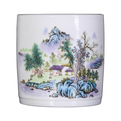 鼎众陶瓷粉彩山水笔筒办公桌摆件