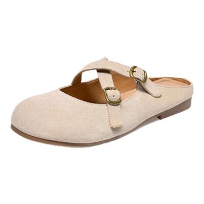 大丫丫大码女鞋牛皮平跟包头拖鞋