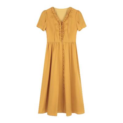 solighter法式绣花v领收腰连衣裙