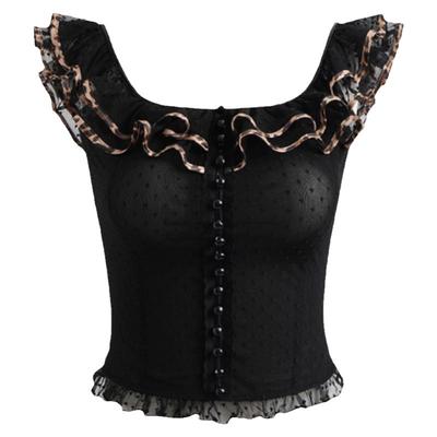 无袖日常蕾丝边涤纶女网纱上衣