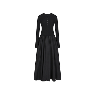 LESS赫本风针织拼接长袖黑色长裙