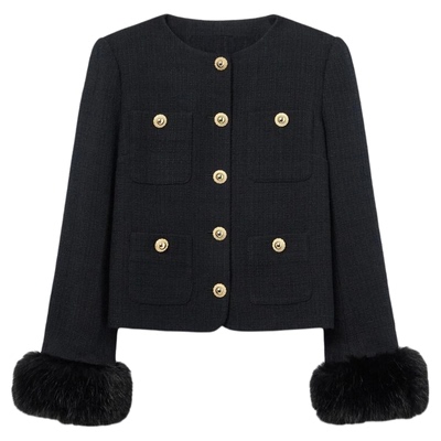 毛毛长袖黑色小香风时尚套装