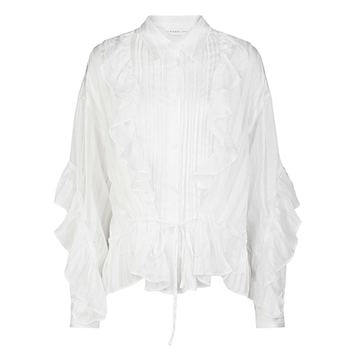 sdeer圣迪奥女装25年新品文艺翻领荷叶边收腰两件套衬衫S253Z0555