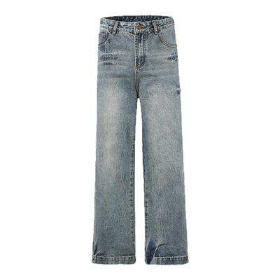 98SQUID 美式复古cleanfit猫须磨白牛仔裤男女宽松阔腿拖地长裤潮