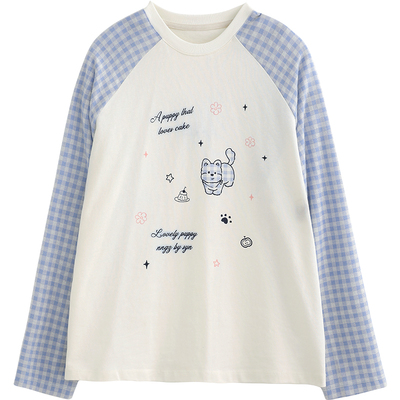 诺诺公主S1N初中生2026春季格子插肩袖T恤女青少年设计感撞色上衣