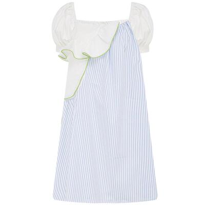 棉锦弹透气竖纹泡泡袖气质连衣裙