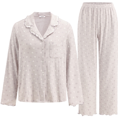 商场同款MYBODY秋季睡衣女轻磨毛甜美荷叶边领爱心提花长袖家居服