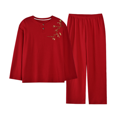 新一步纯棉华夫格女款睡衣新中式属马喜庆红运可外穿家居服两件套