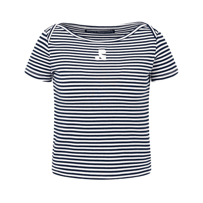 复古条纹船形一字领短袖T恤