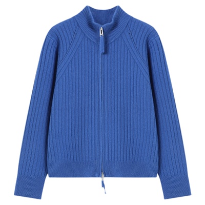 Basic House/百家好半高领蓝色毛衣女新款拉链针织羊毛衫开衫外套