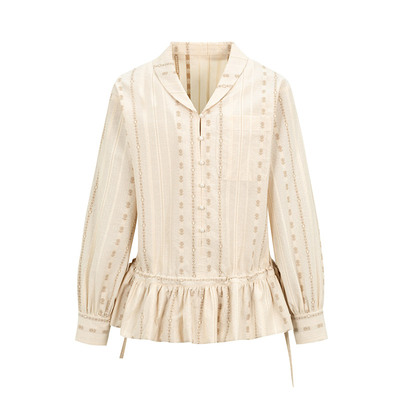 dorydory提花系带花苞长袖V领衬衫女设计感开春小众穿搭减龄洋气