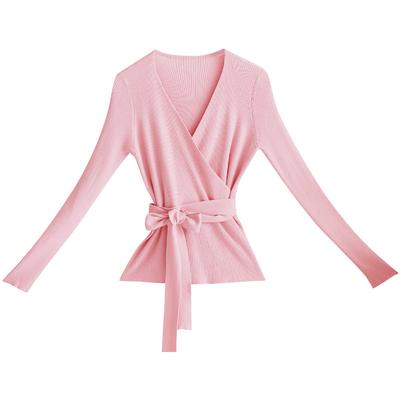 复古文艺交叉V领针织衫显瘦系带