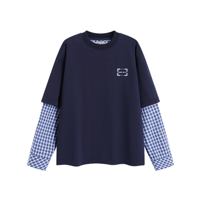 撞色拼接格子刺绣假两件